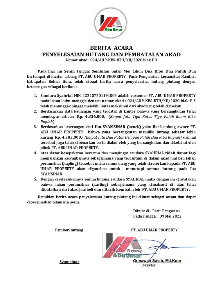 BERITA ACARA Penyelesaian Hutang | PDF