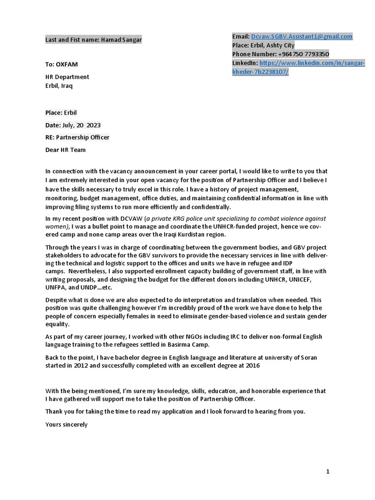 Sangar Hamad Cover Letter OXFAM | PDF