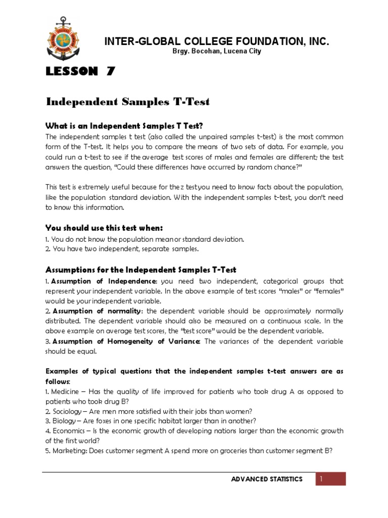 Independent Samples T-Test Explained | PDF | Student's T Test | P Value