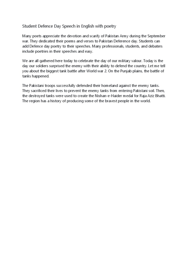 Student Defence Day Speech in English With Poetry | PDF