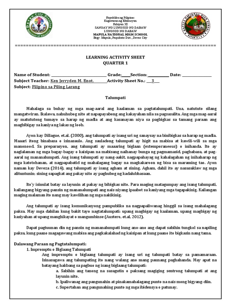 Q1 - LAS 3 - Filipino Sa Piling Larang | PDF