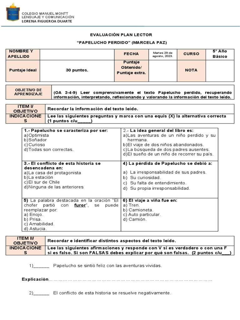 PRUEBA PLAN LECTOR, 5° BÁSICO, PAPELUCHO PERDIDO | PDF