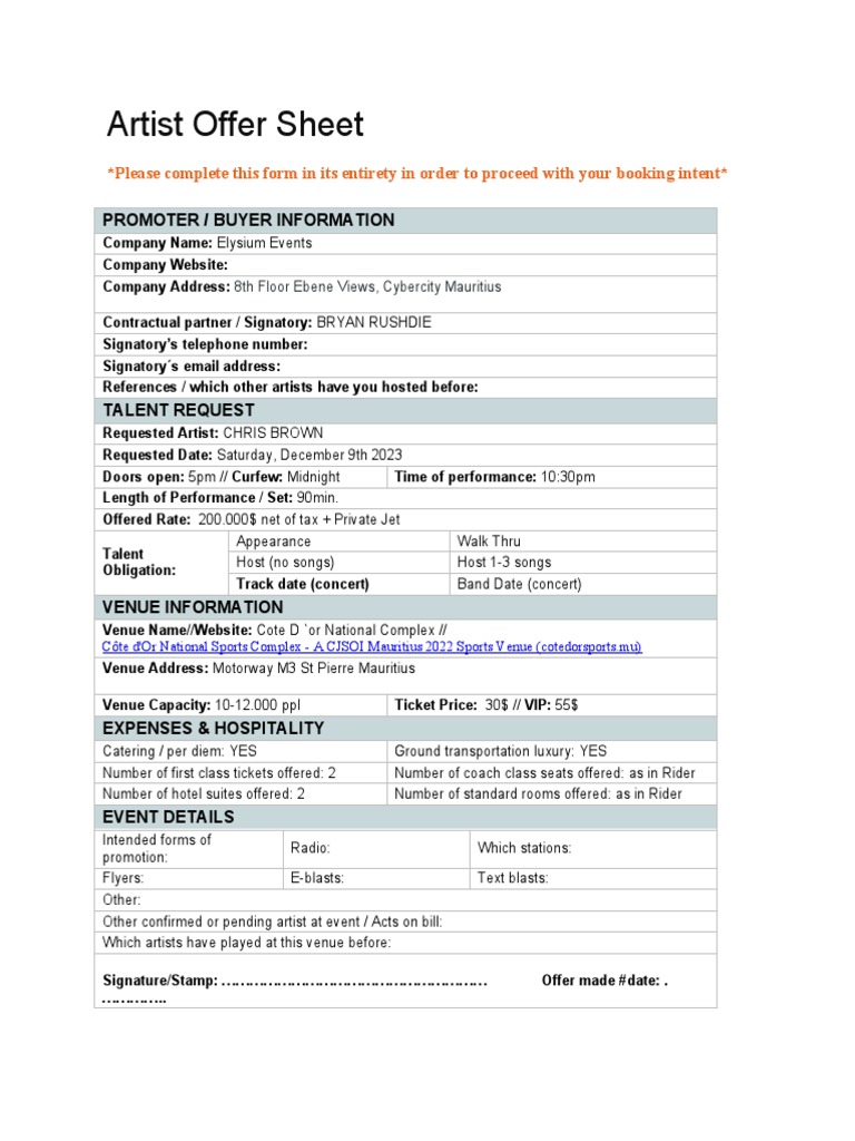 Chris Brown Booking Offer Sheet | PDF | Law