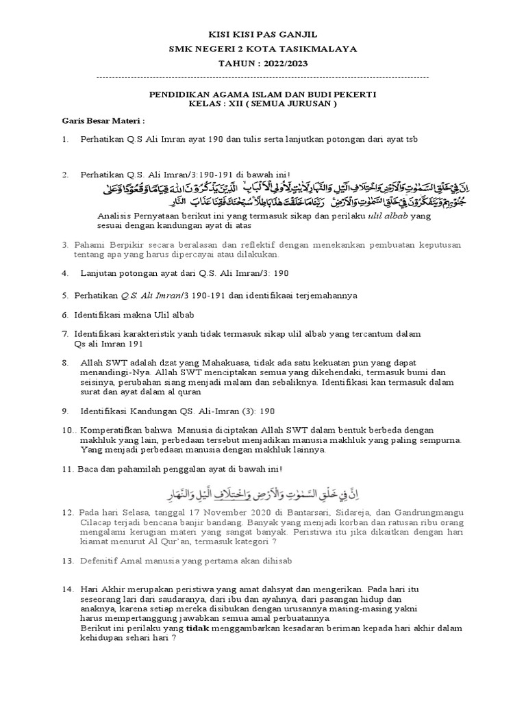 Kisi-Kisi PAI Kelas XII SMK | PDF | Agama & Spiritualitas