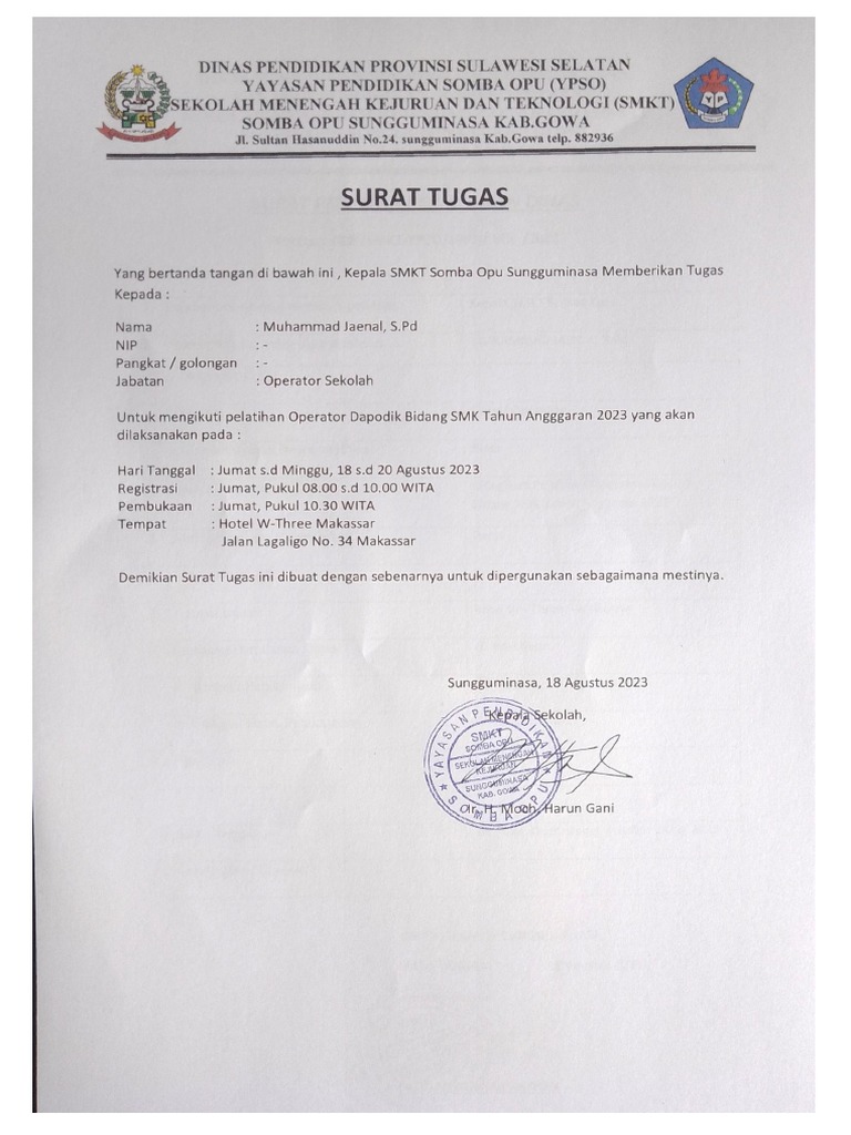 surat tugas pelatihan dapodik 2023 | PDF