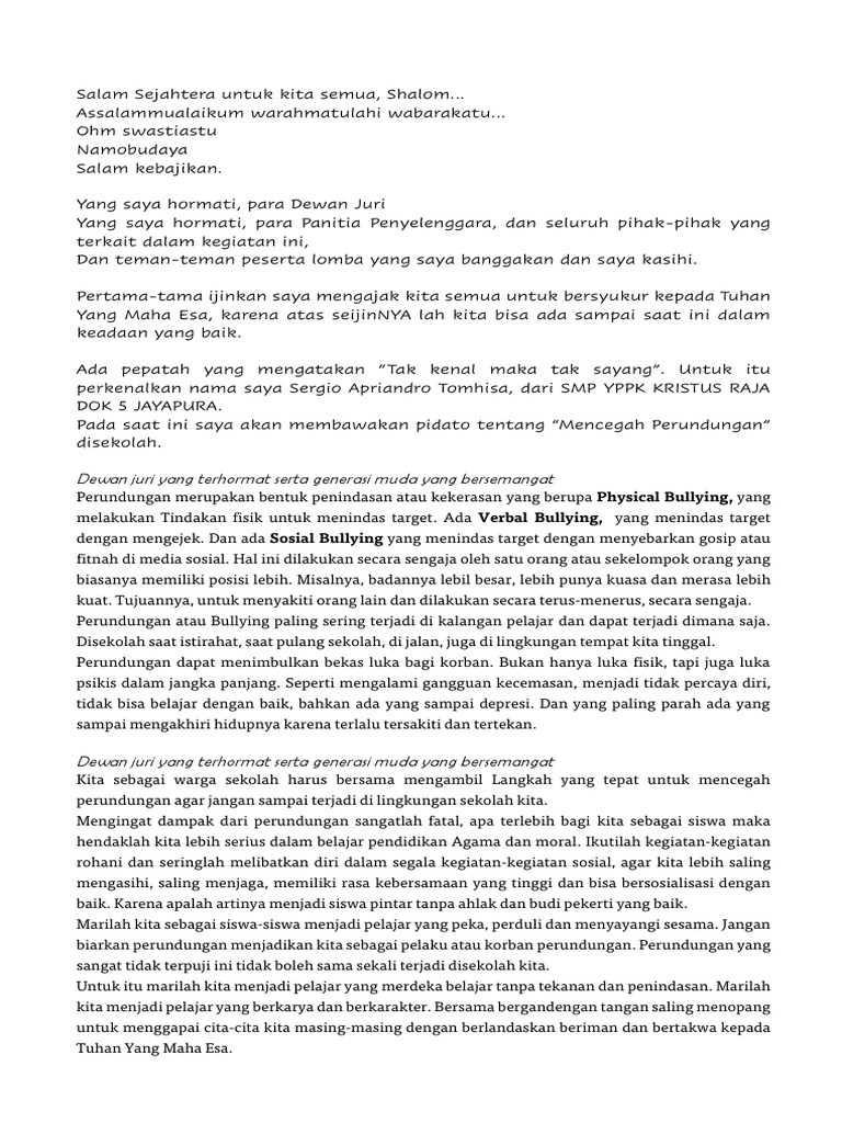 Pidato Mencegah Perundungan Di Sekolah SAT | PDF