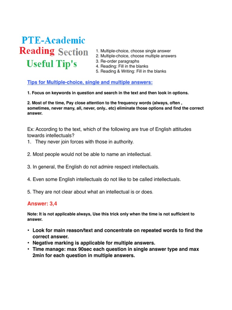 PTE Reading Tips PDF | PDF | Word | Part Of Speech