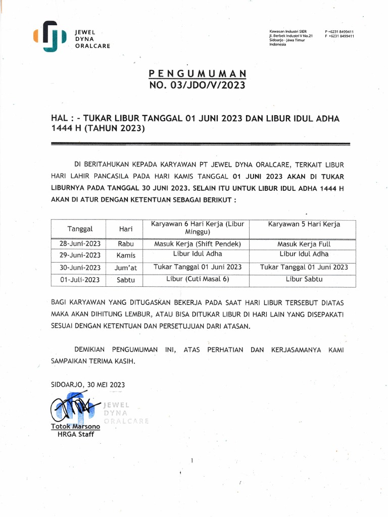 Pengumuman Tukar Libur Dan Hari Raya Idul Adha Tahun 2023 | PDF