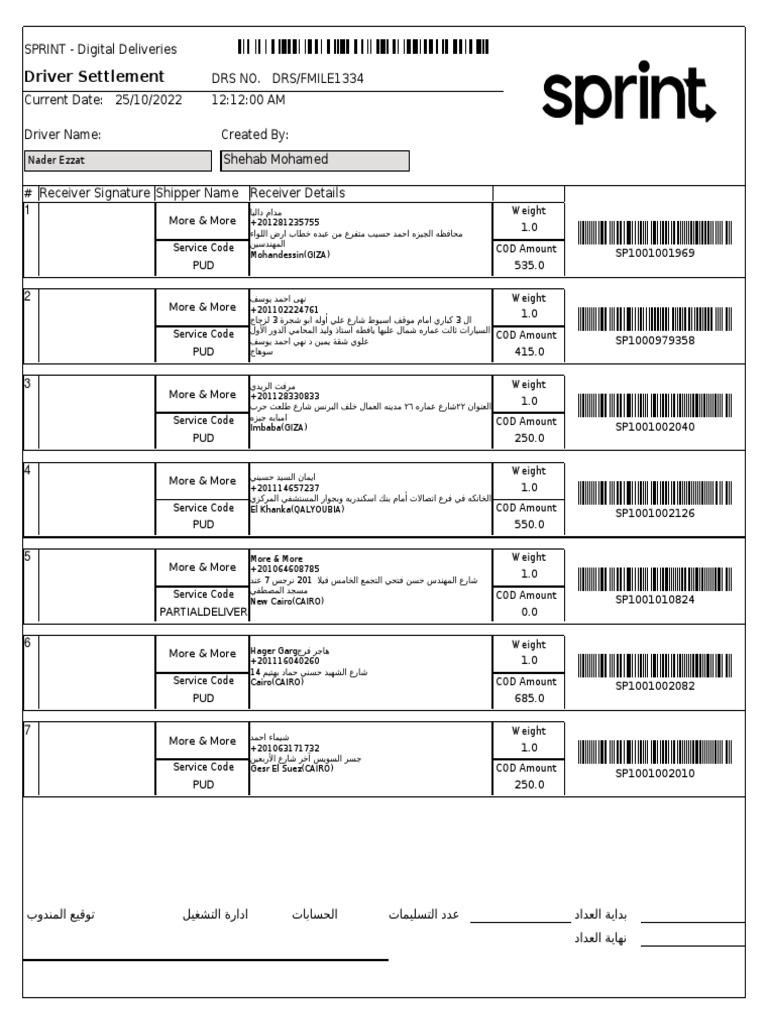 Driver Settlement Report - SPRINT | PDF