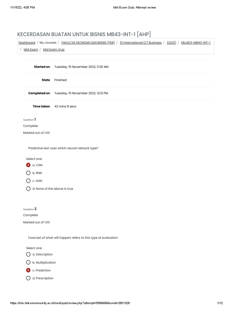 Mid Exam Quiz - Attempt Review | PDF | Artificial Intelligence | Intelligence (AI) & Semantics