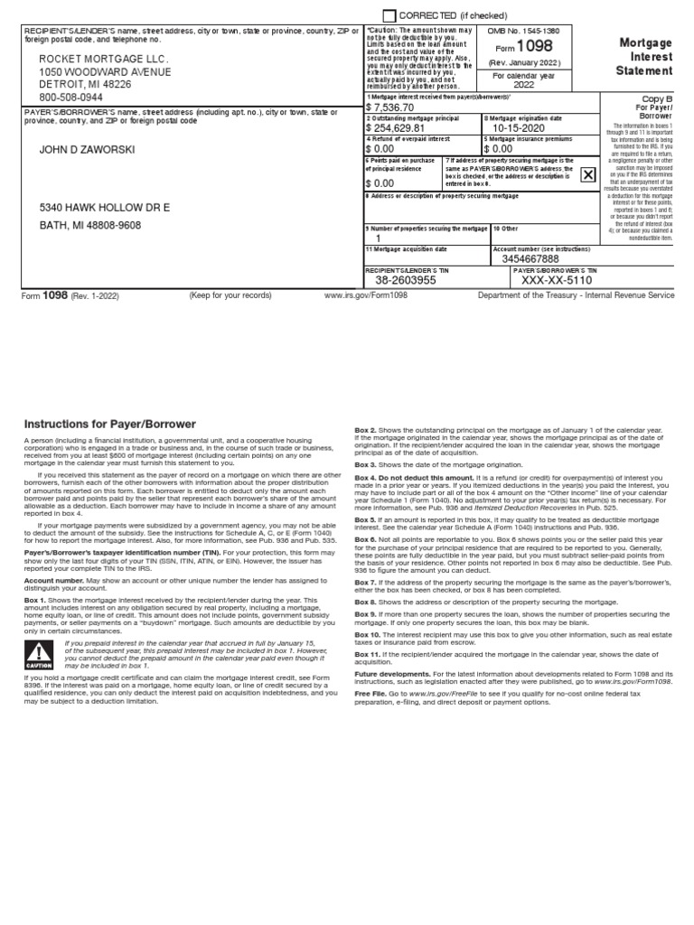 1098 (Rocket Mortgage) - 20230411042534984 | PDF | Mortgage Loan | Loans