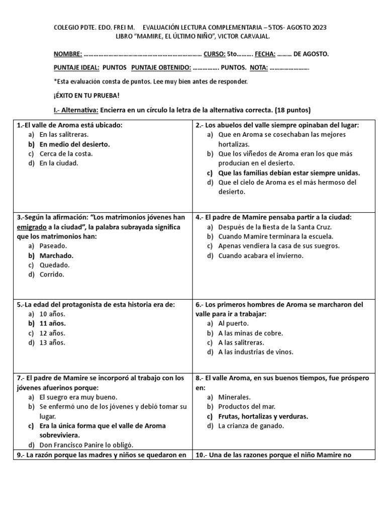 Prueba Lectura Complementaria Mamire, El Último Niño 5tos | PDF