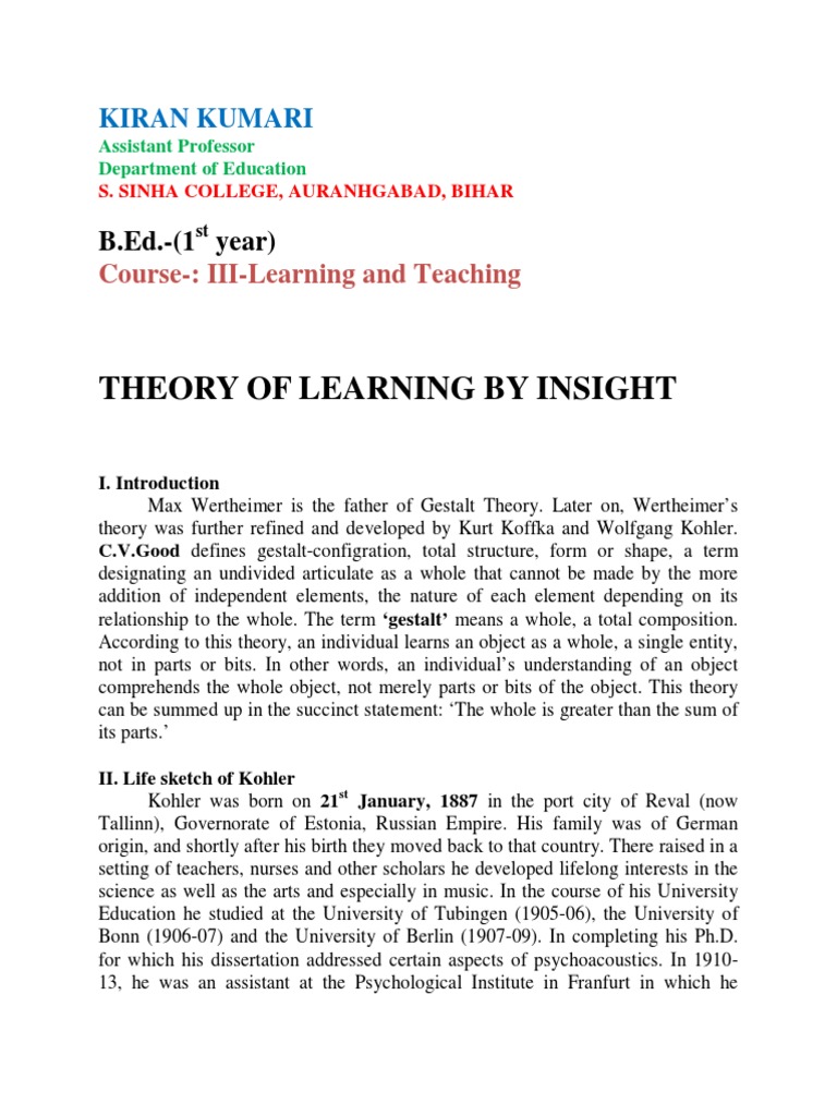 B. Ed. (1st Year) - Paper-III - (Topic - Insight Theory) | PDF | Insight | Learning