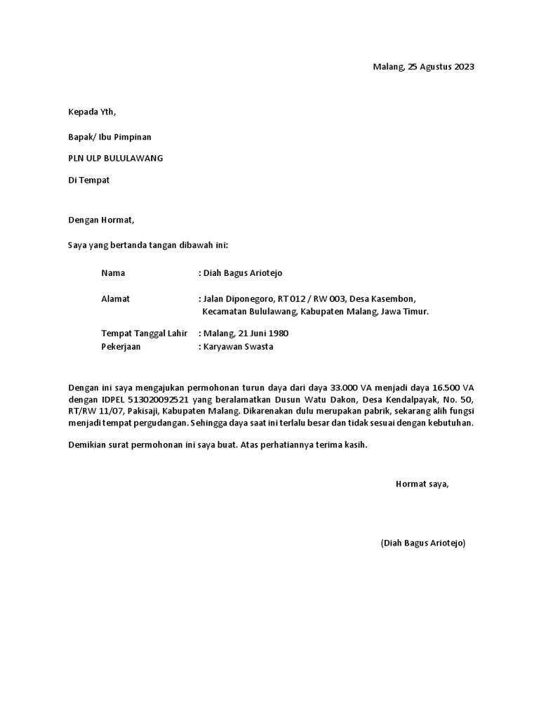 Surat Permohonan Turun Daya Listrik | PDF