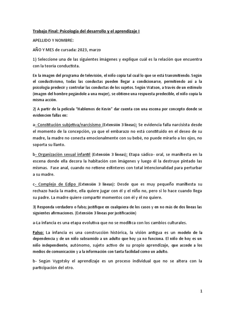 Psicologia Del Aprendizaje TP Final | PDF | Aprendizaje | Sicología