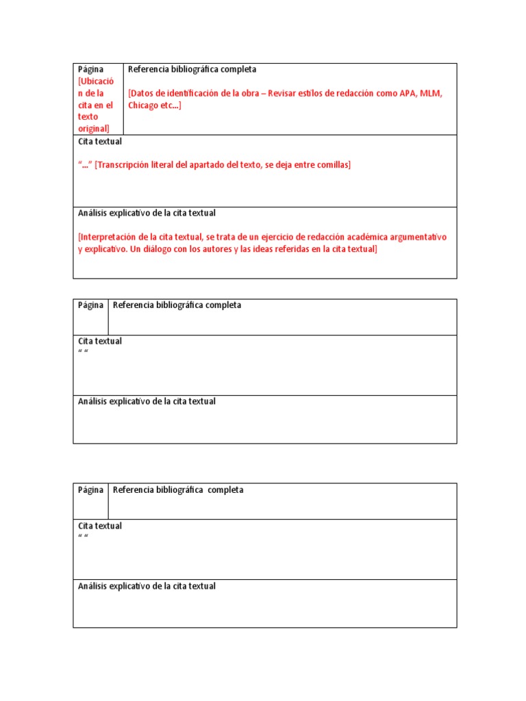 Modelo - Fichas Bibliográficas para El Registro de Citas Textuales | PDF