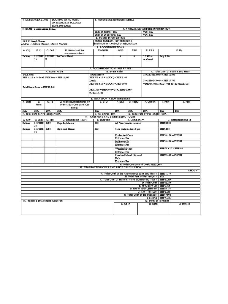 Bolinao Booking Card | PDF | Business | Payments