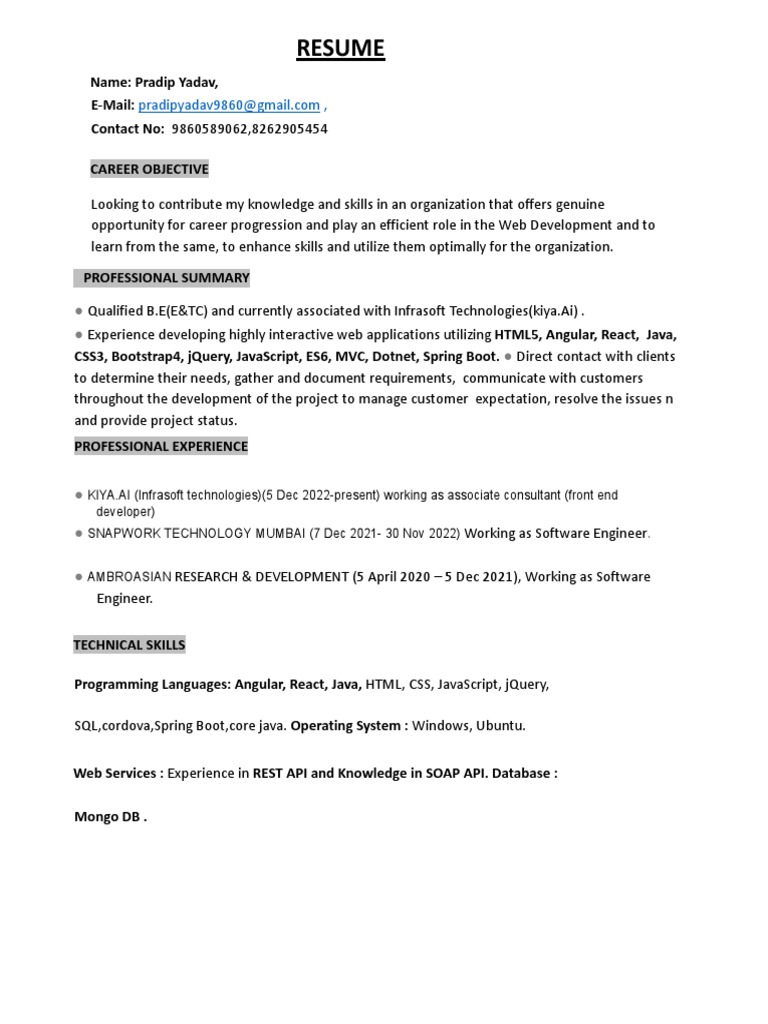 PradipYadav - Java Fullstack - Pune Mphasis | PDF | Java Script | Web Application