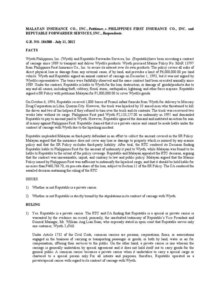 Malayan vs. Philippines First Insurance Case | PDF | Common Carrier ...