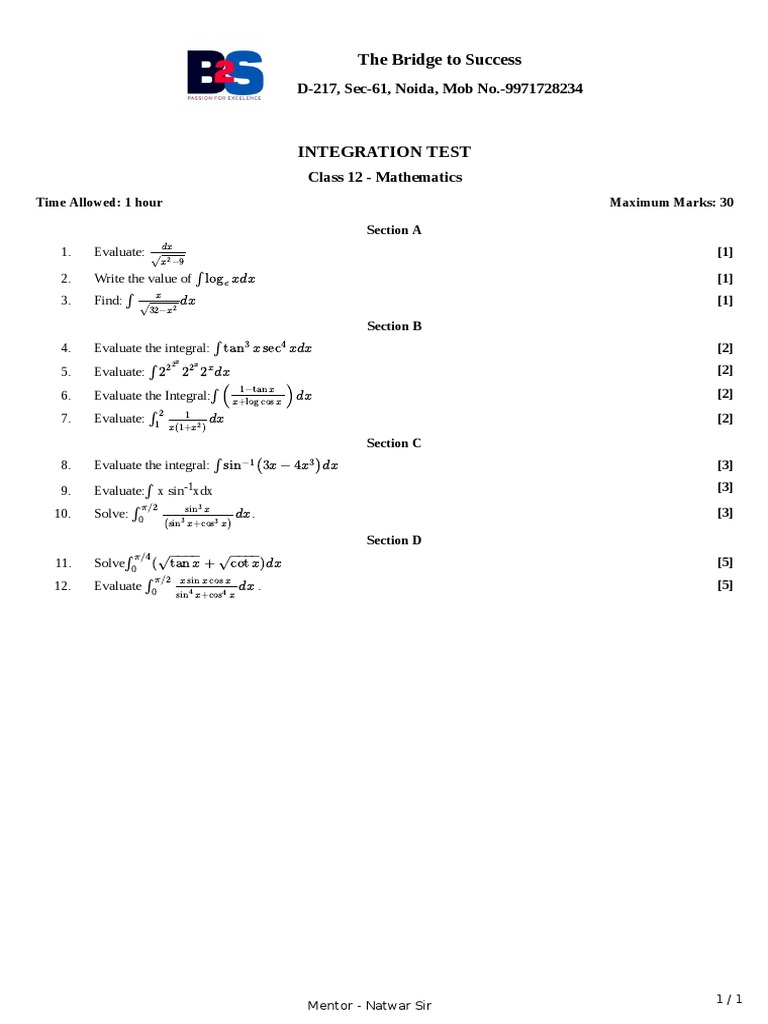 Class 12 Integration Test Paper | PDF | Mathematics | Mathematical Analysis
