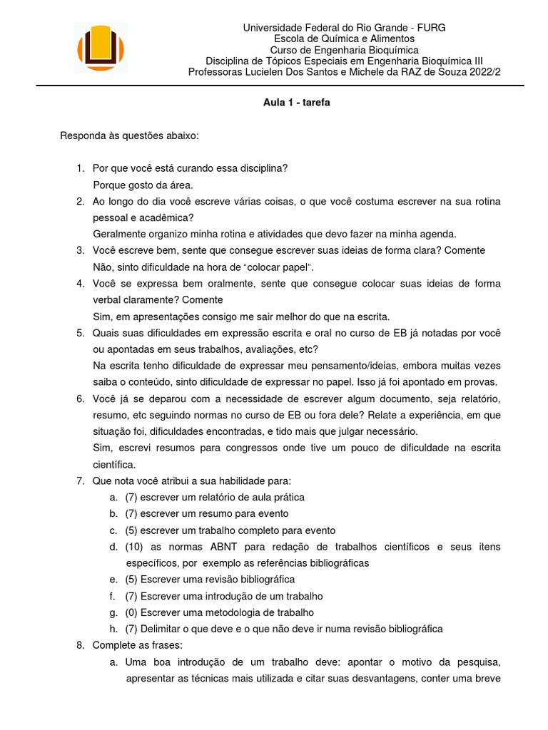 Atividade 1 - Nathalia Porciuncula | PDF | Science