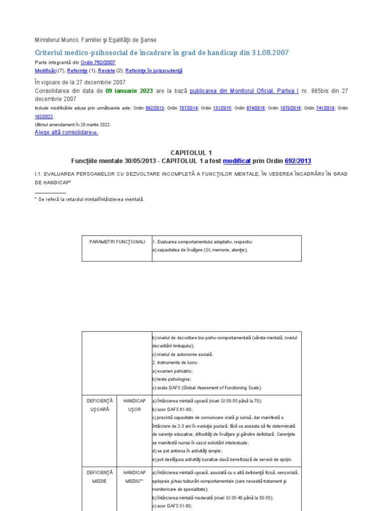 Criteriul Medico Psihosocial de Incadrare in Grad de Handicap Din ...