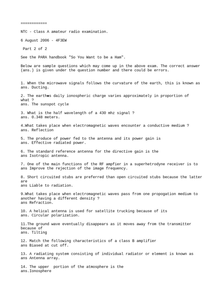 A - NTC Class A Sample Q&A | PDF | Antenna (Radio) | Radio