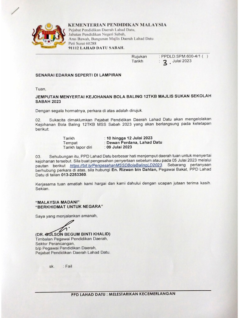 Surat Jemputan Menyertai Kejohanan Bola Baling MSS Sabah 2023 | PDF