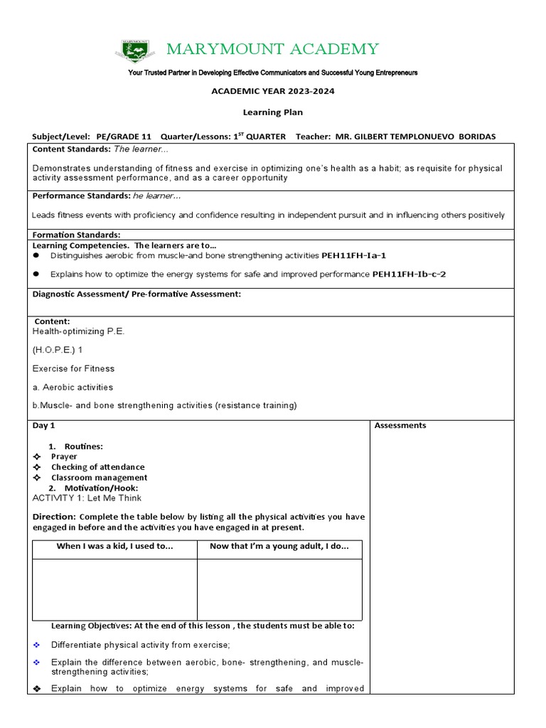 Grade 11 PE Learning Plan 2023-2024 | PDF | Physical Fitness | Physical ...