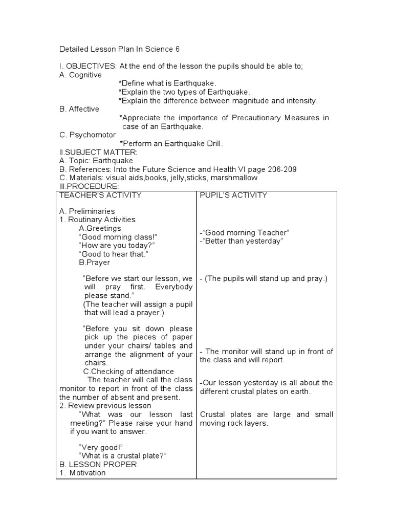 Earthquake Lesson Plan for Grade 6 | PDF | Earthquakes | Plate Tectonics