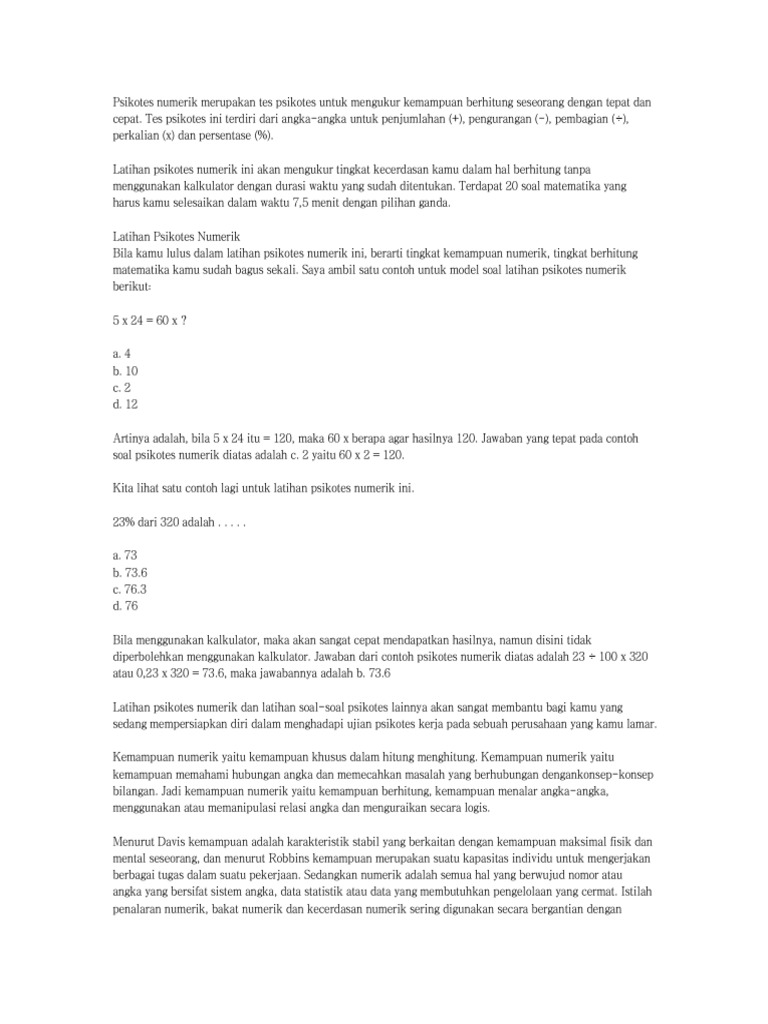 Tes Psikotes Numerik: Latihan dan Contoh Soal | PDF | Metode & Bahan Ajar