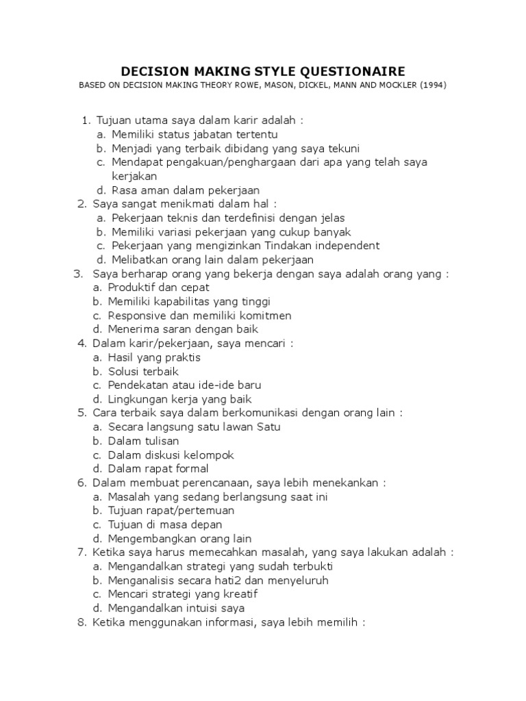 DECISION MAKING STYLE QUESTIONAIRE | PDF