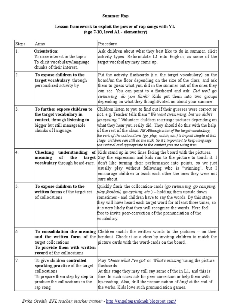 Summer Rap YL - Lesson Framework | PDF | Vocabulary | English As A ...