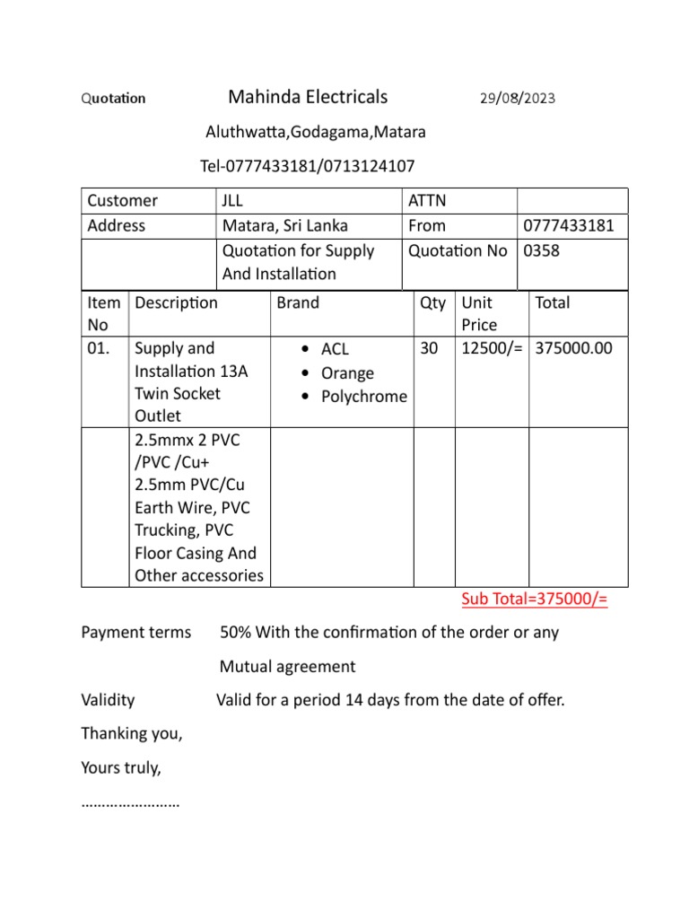 Mahinda Electricals Quotation 0358 | PDF | Technology & Engineering