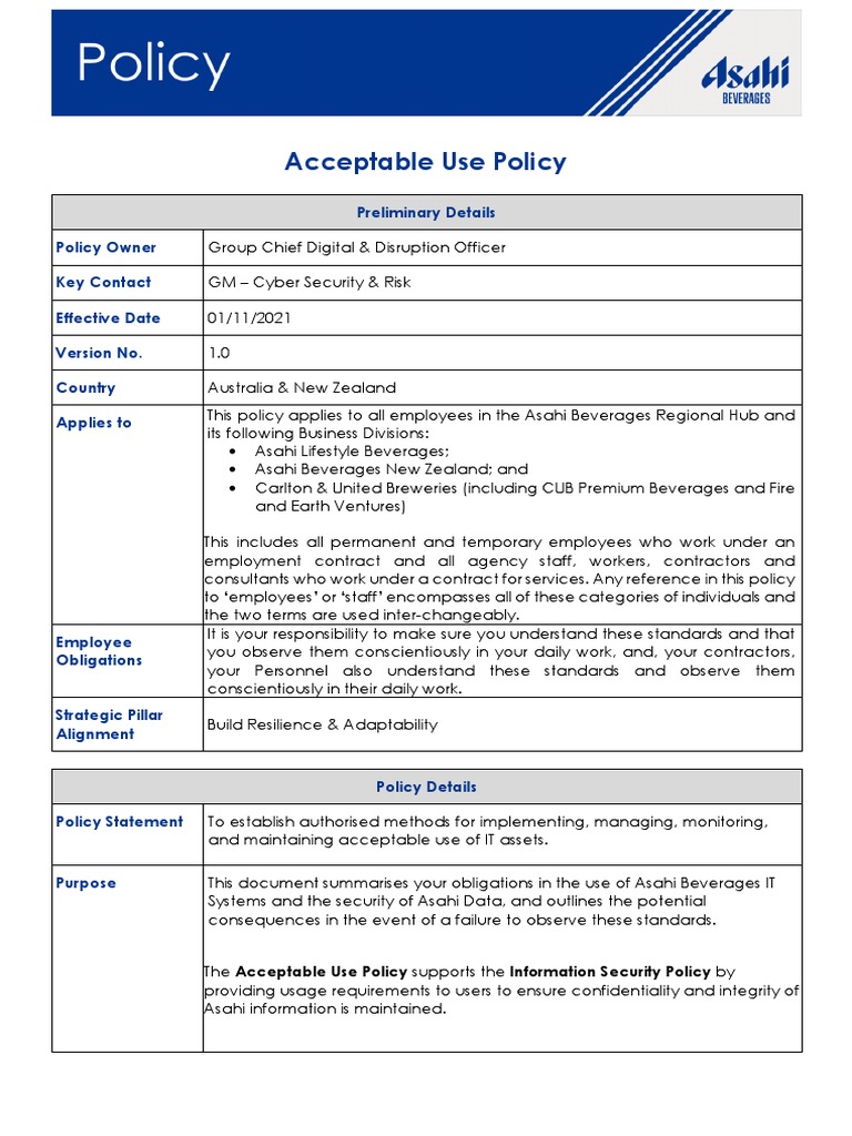 Acceptable Use Policy | PDF | Information Security | Internet