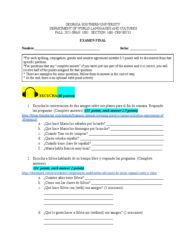 Examen Final - Span 1001 Fall 2021 | PDF