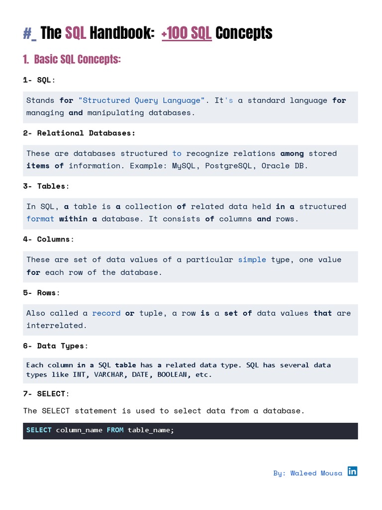 Over 100 SQL Concepts | PDF | Relational Database | Table (Database) Over 100 SQL Concepts | PDF | Relational Database | Table (Database)