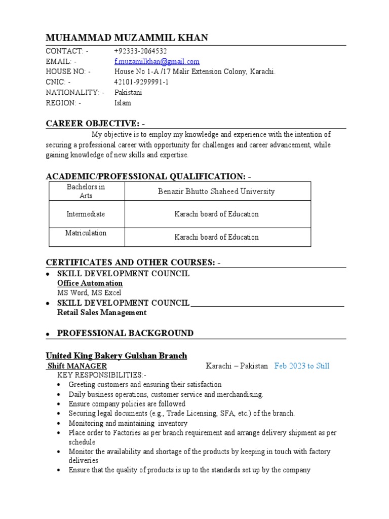 Resume Muhammad Muzamil Khan 2023 (final) | PDF | Karachi | Pakistan