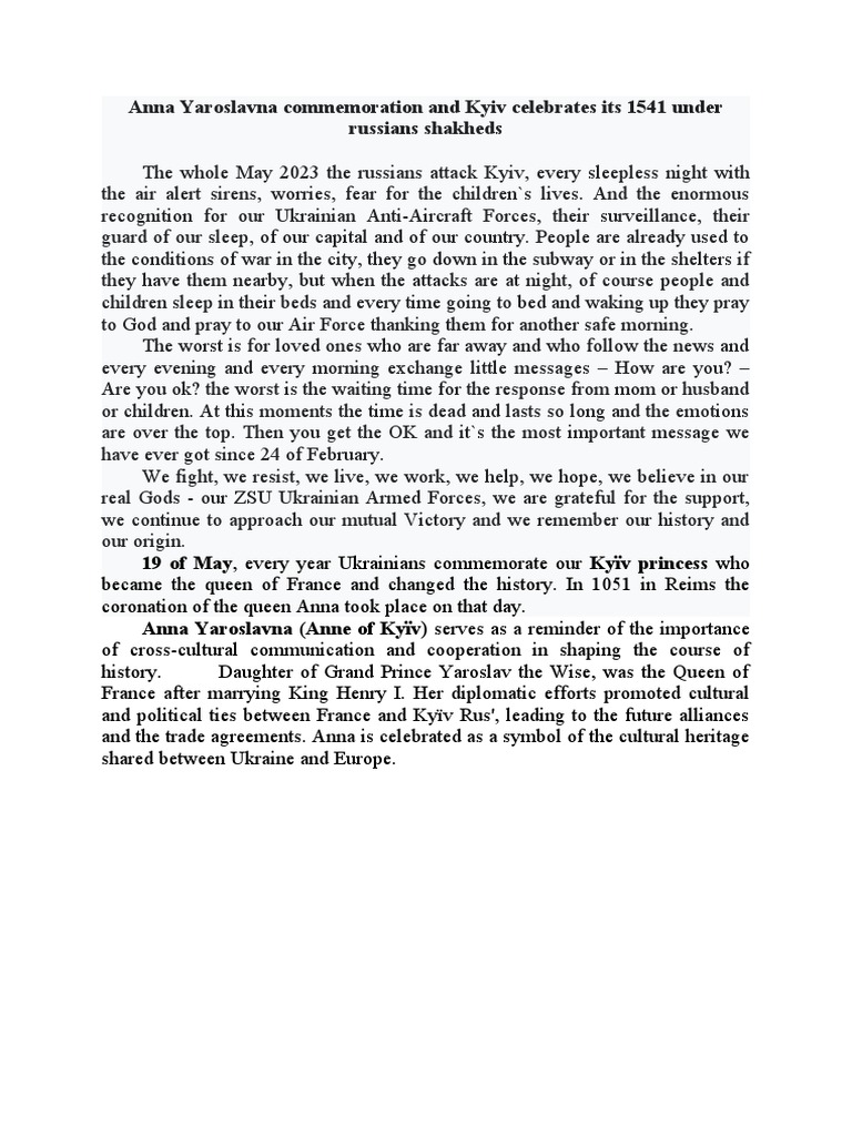 Anna Yaroslavna and Kyiv Celebrates 1541 Under Russian Shakheds | PDF