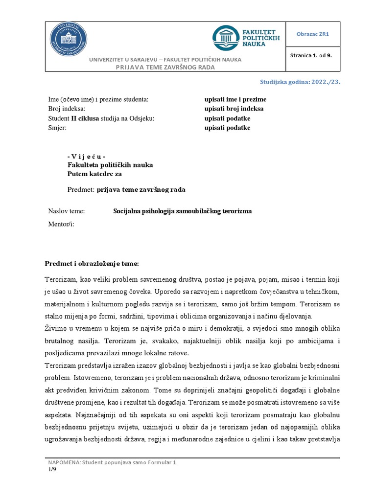 Prijava Teme Završnog Rada Obrazac Zr1 | PDF