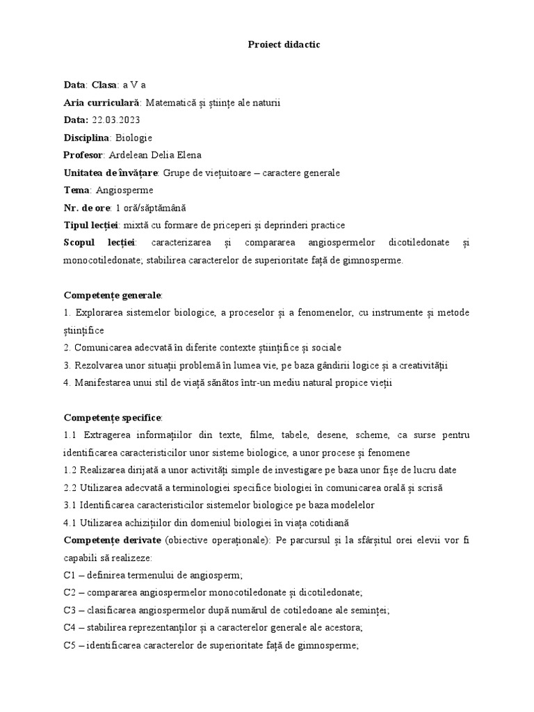 Angiosperme Proiect de Lectie Inspectie 2023 | PDF