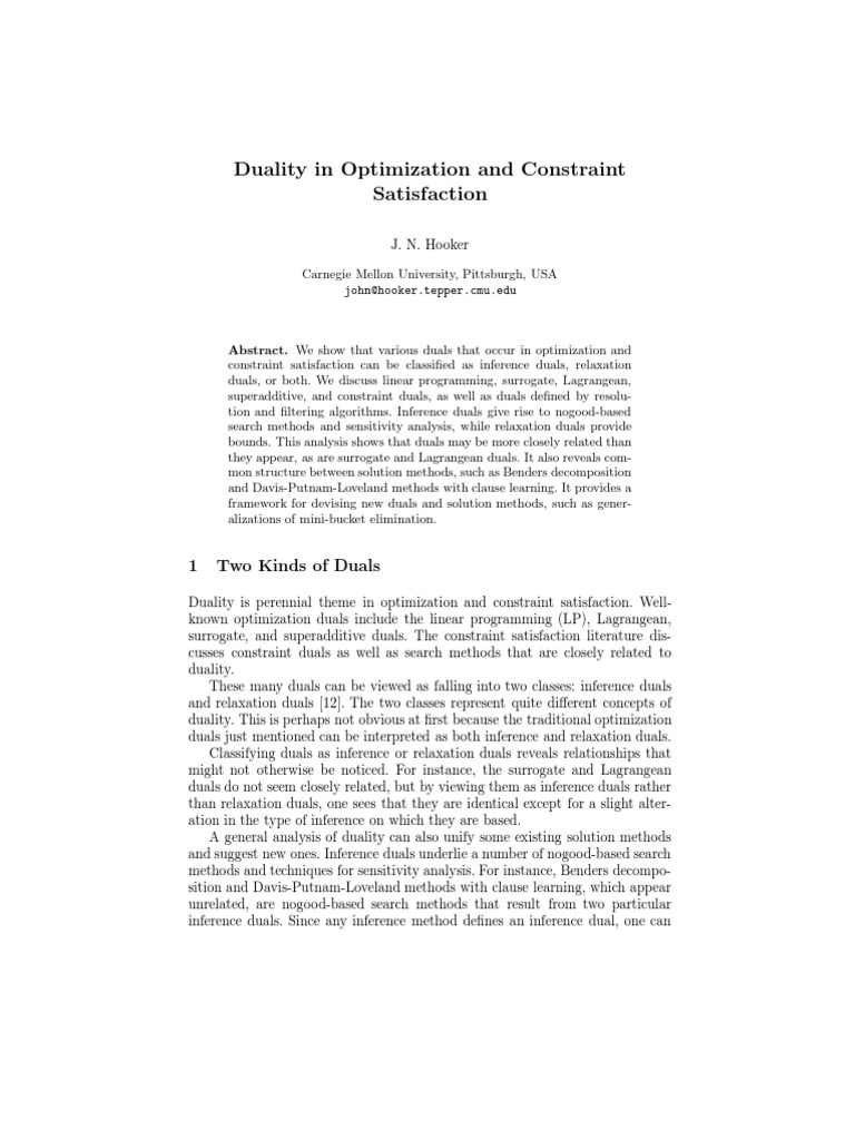 Duality in Optimization and Constraint Satisfaction: 1 Two Kinds of Duals | PDF | Linear ...