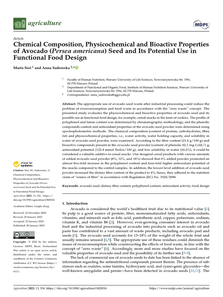 Chemical Composition, Physicochemical and Bioactive Properties of Avocado Seeds | PDF ...