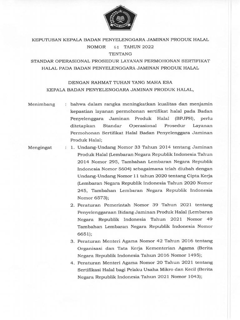 2022, Kepkaban 61 (SOP Permohonan Sertifikat Halal BPJPH) | PDF