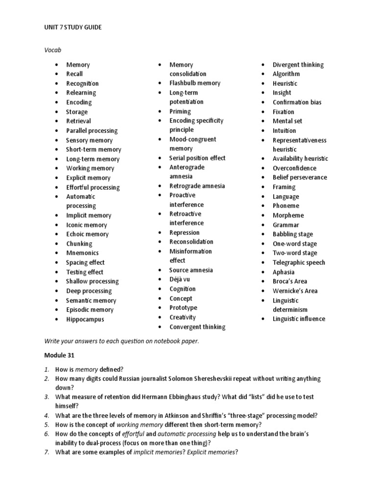 Unit 7 Study Guide | PDF | Memory | Recall (Memory)