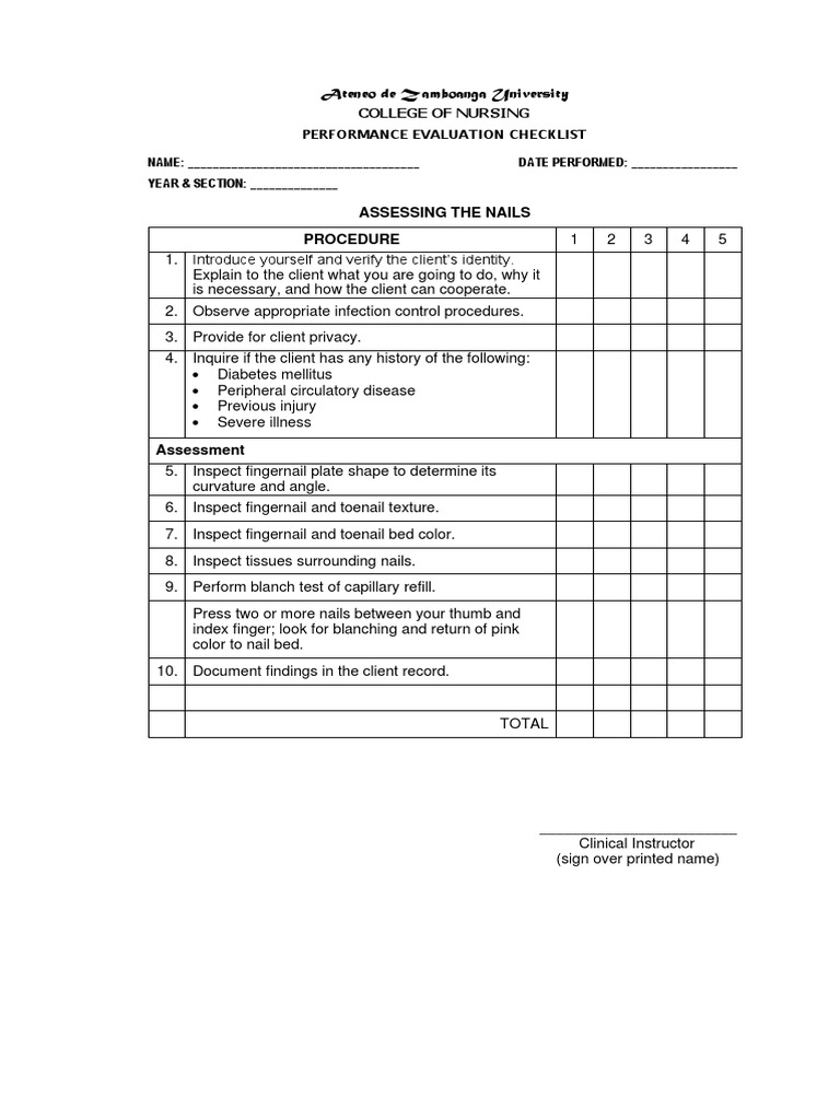 Nail Assessment Performance Checklist | PDF