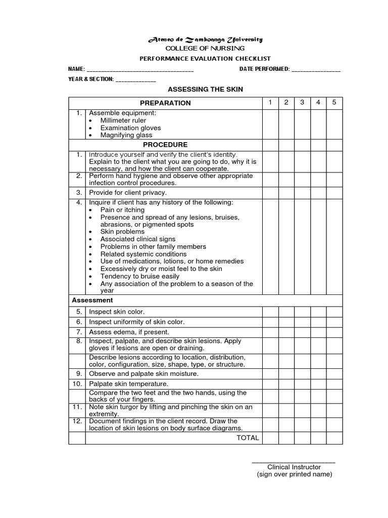 Skin Assessment Performance Checklist | PDF | Wellness