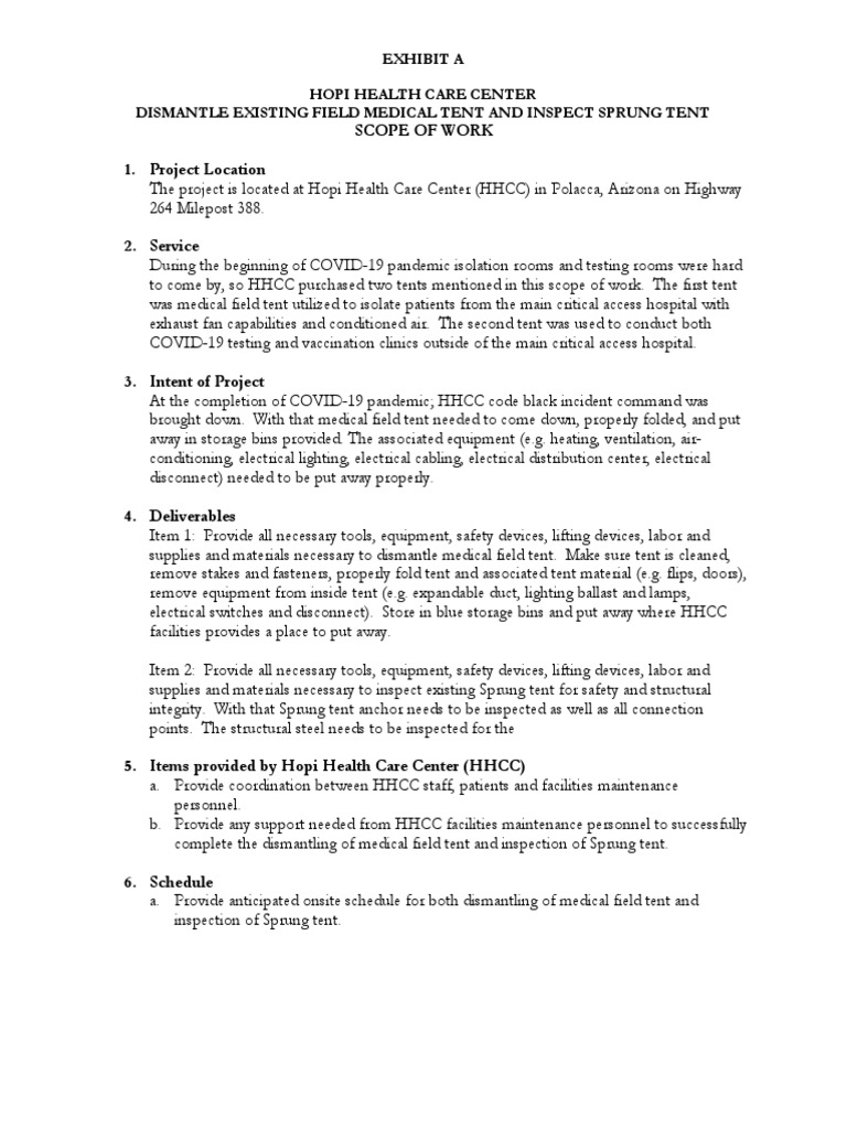 HHCC SOW Dismantle Medical Tent and Inspect Sprung Tent | PDF | Lighting | Health Care