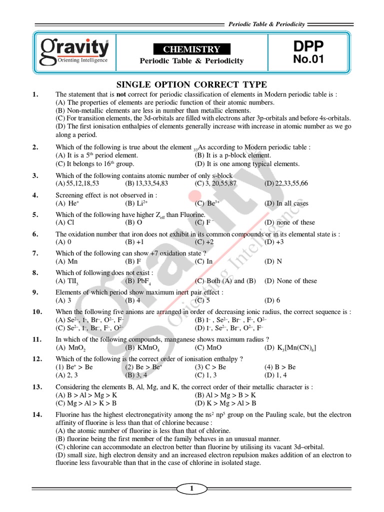Advanced - Periodic Table - DPP 1 To 5 | PDF | Periodic Table ...