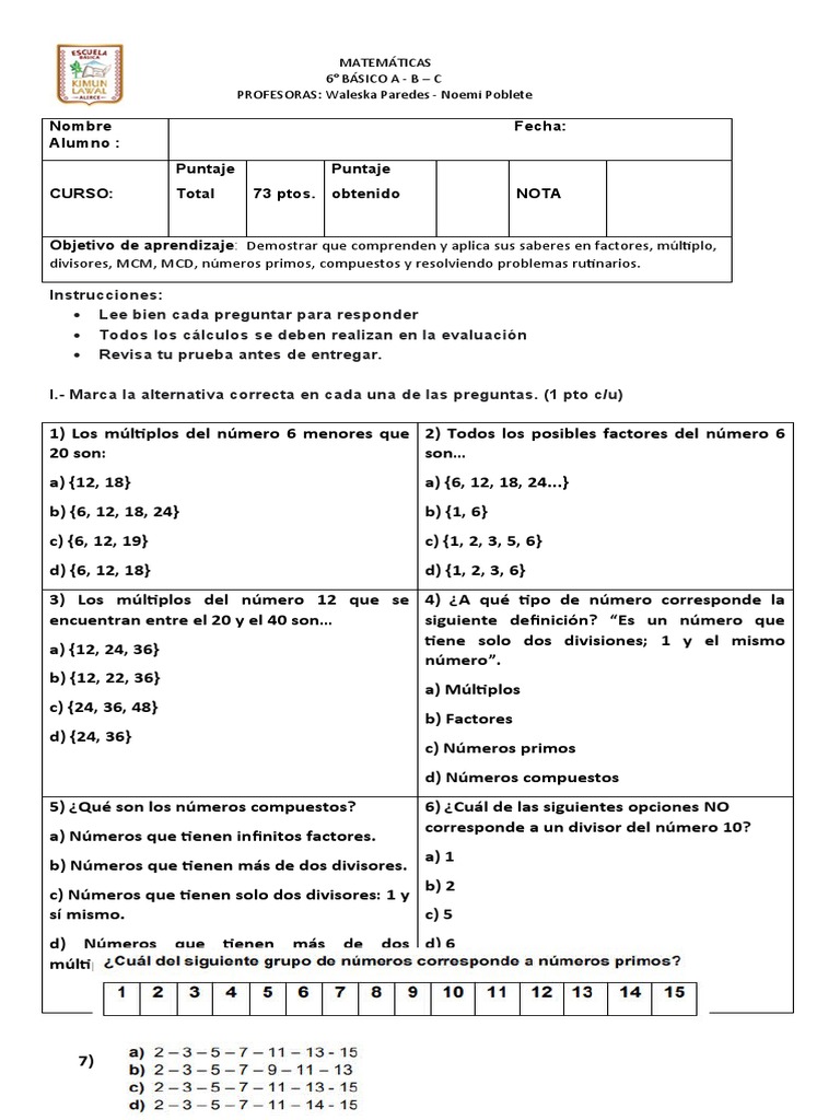 PRUEBA MATE (MCM, Primos Compuestos, MCD) | PDF | Matemáticas | Teoría de los números
